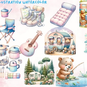 Bear Camping Watercolor Clipart: Forest Tent Tree (PNG) - Etsy