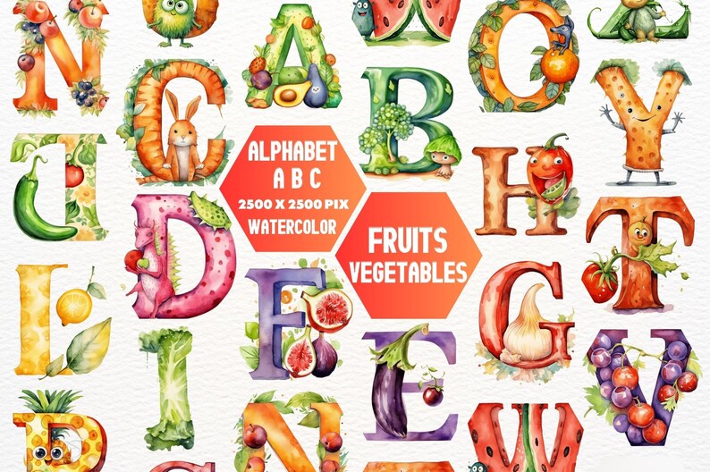 Fruits and Vegetables Alphabet Clipart, Vegetables Letters Clipart ...