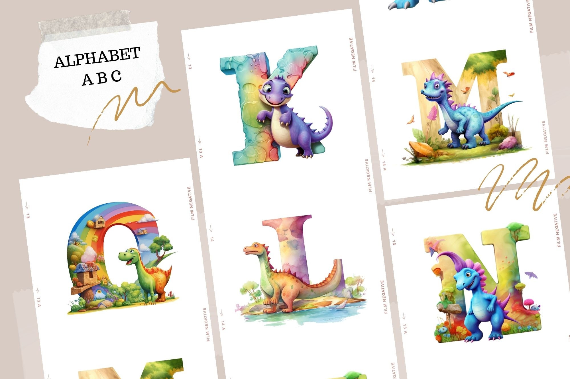 Dinosaur Alphabet Clipart: Watercolor Cartoon Letters (PNG) - Etsy