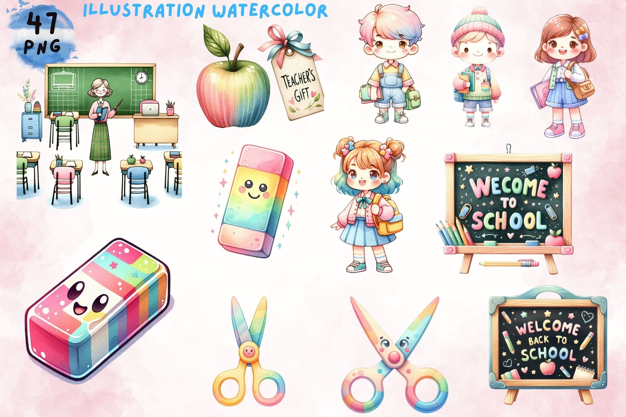 Watercolor Back to School Clipart: Teacher & Classroom PNG - Etsy
