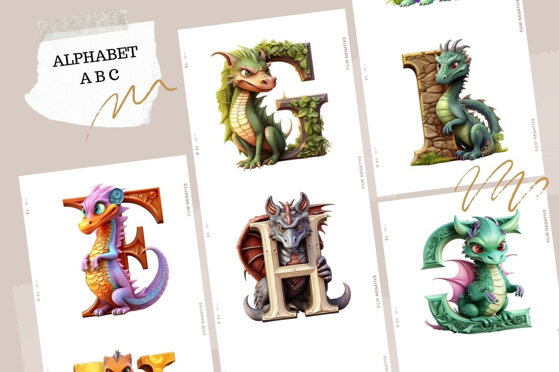 Cartoon Dragon Alphabet Clipart: Fantasy Graphics (PNG) - Etsy