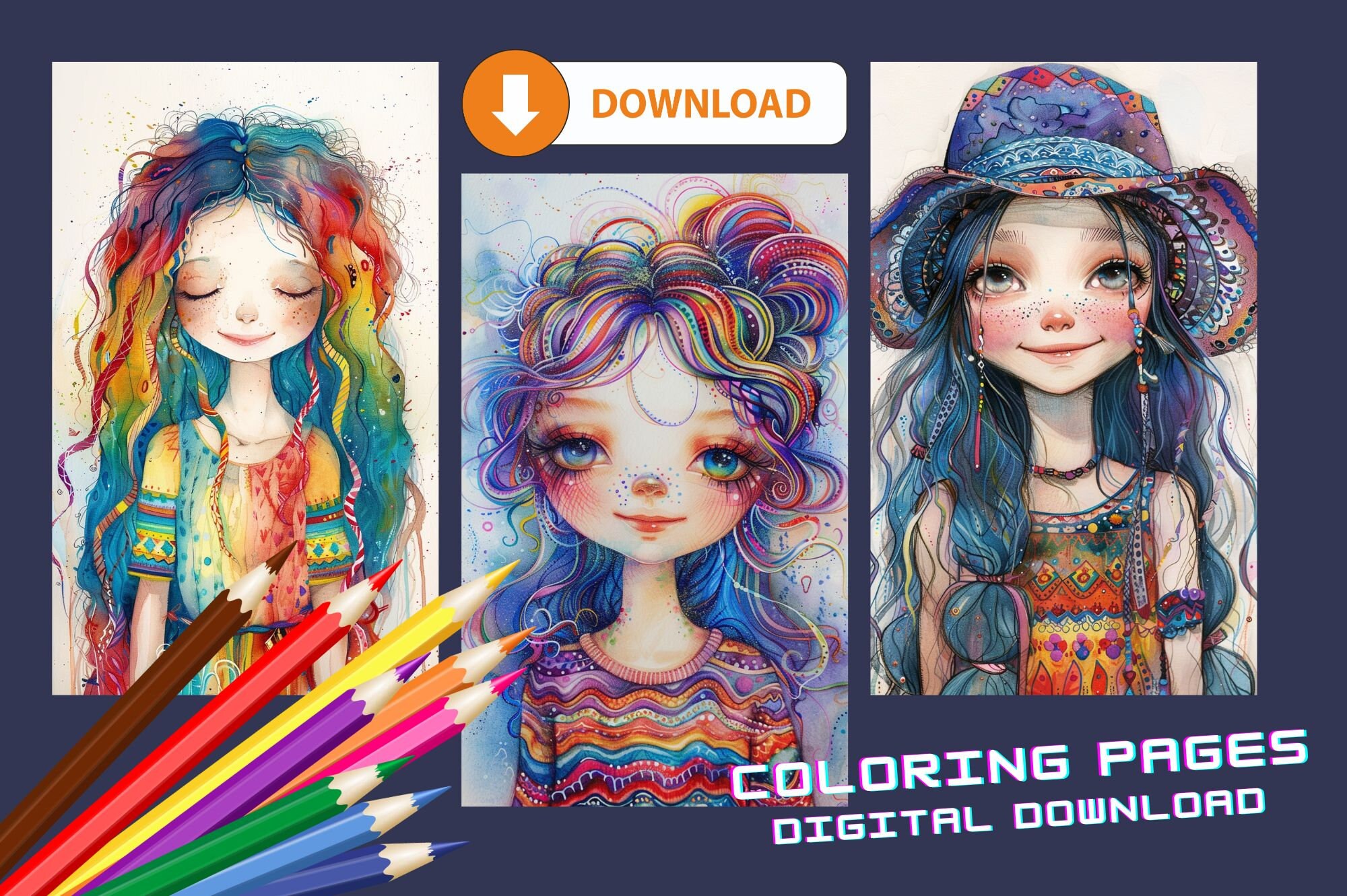 Bohemian Style Girls Coloring Pages, Printable PDF, Boho Rustic Fashion ...