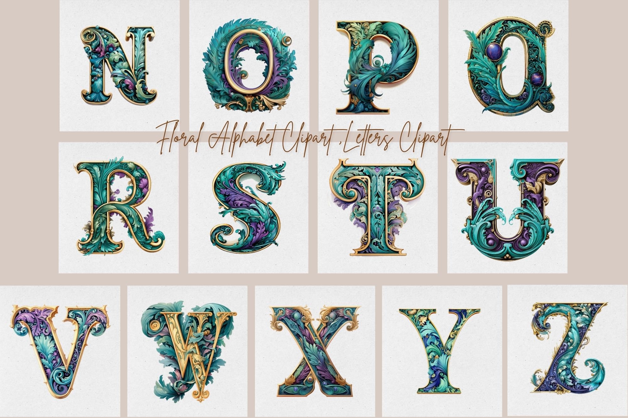 Gold Greens Alphabet, Celtic Alphabet, Letters Clipart, Ornate ...