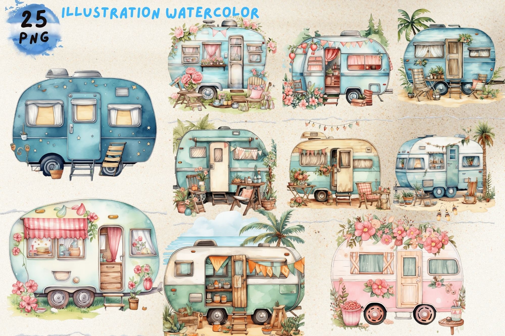 Cute Caravan Clipart, Camping PNG Printable Image, Commercial Use, Junk ...