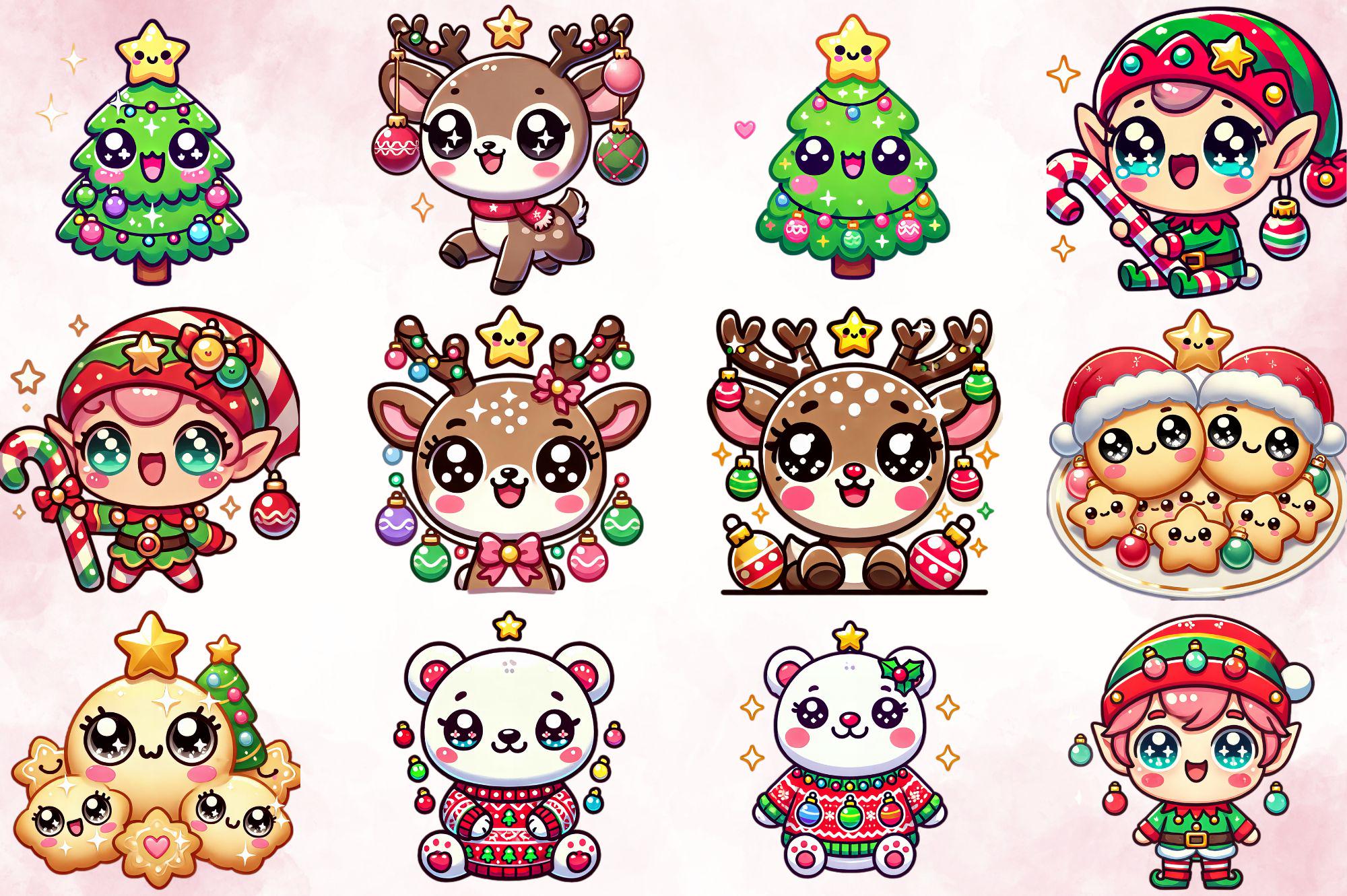 Kawaii Cute Christmas Clipart, Digital Holiday Art Cards, Invitations ...