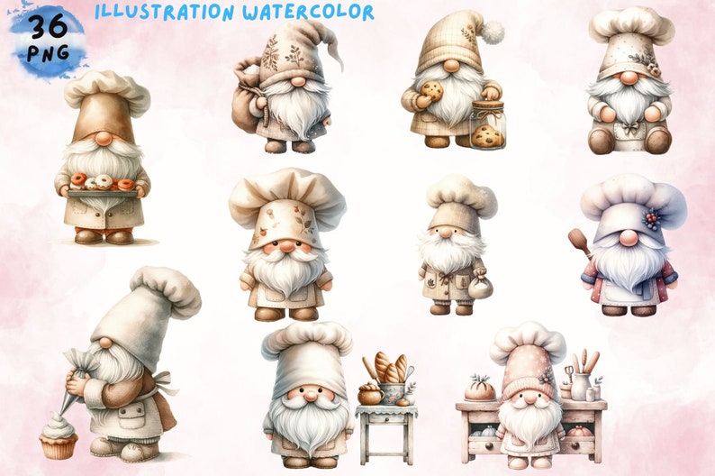 Baker Gnome Watercolor Clipart, Gnome Pastry Chef Clipart, Chef Gnome ...