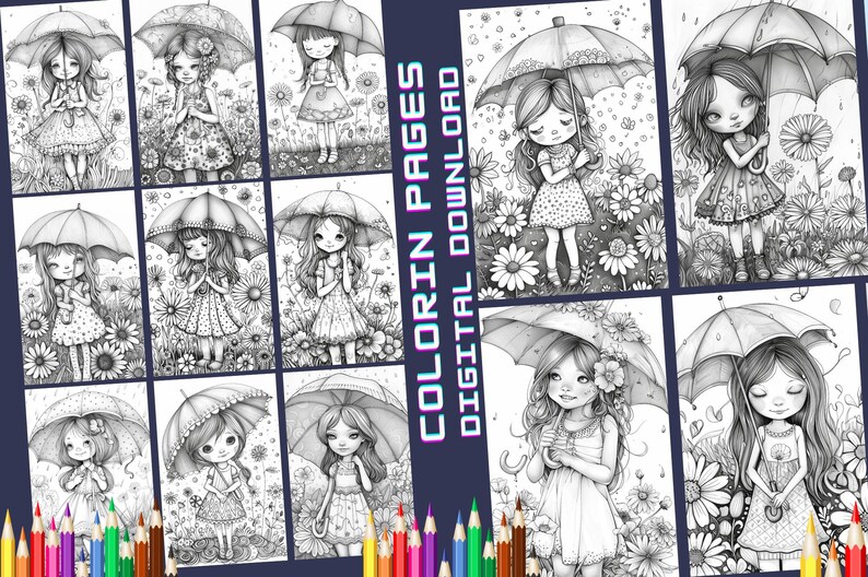 Little Girl With Umbrella Coloring Pages, Cute Flower Girl Holding an ...
