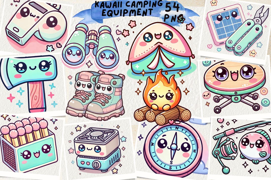 Kawaii Camping Equipment Clipart, Cute Outdoor Adventure Digital ...
