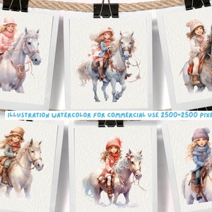 Little Girl Riding Horse Watercolor Clipart, Christmas Winter, Digital ...
