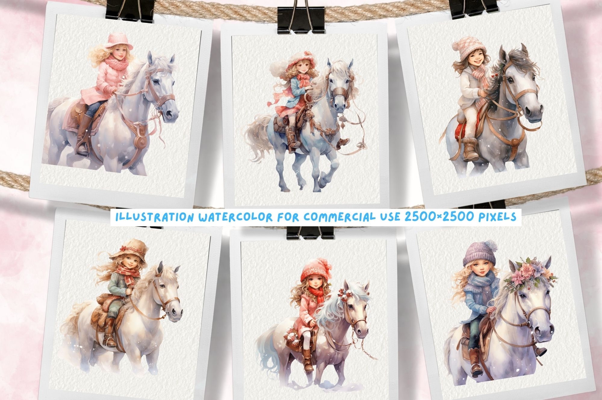 Little Girl Riding Horse Watercolor Clipart, Christmas Winter, Digital ...