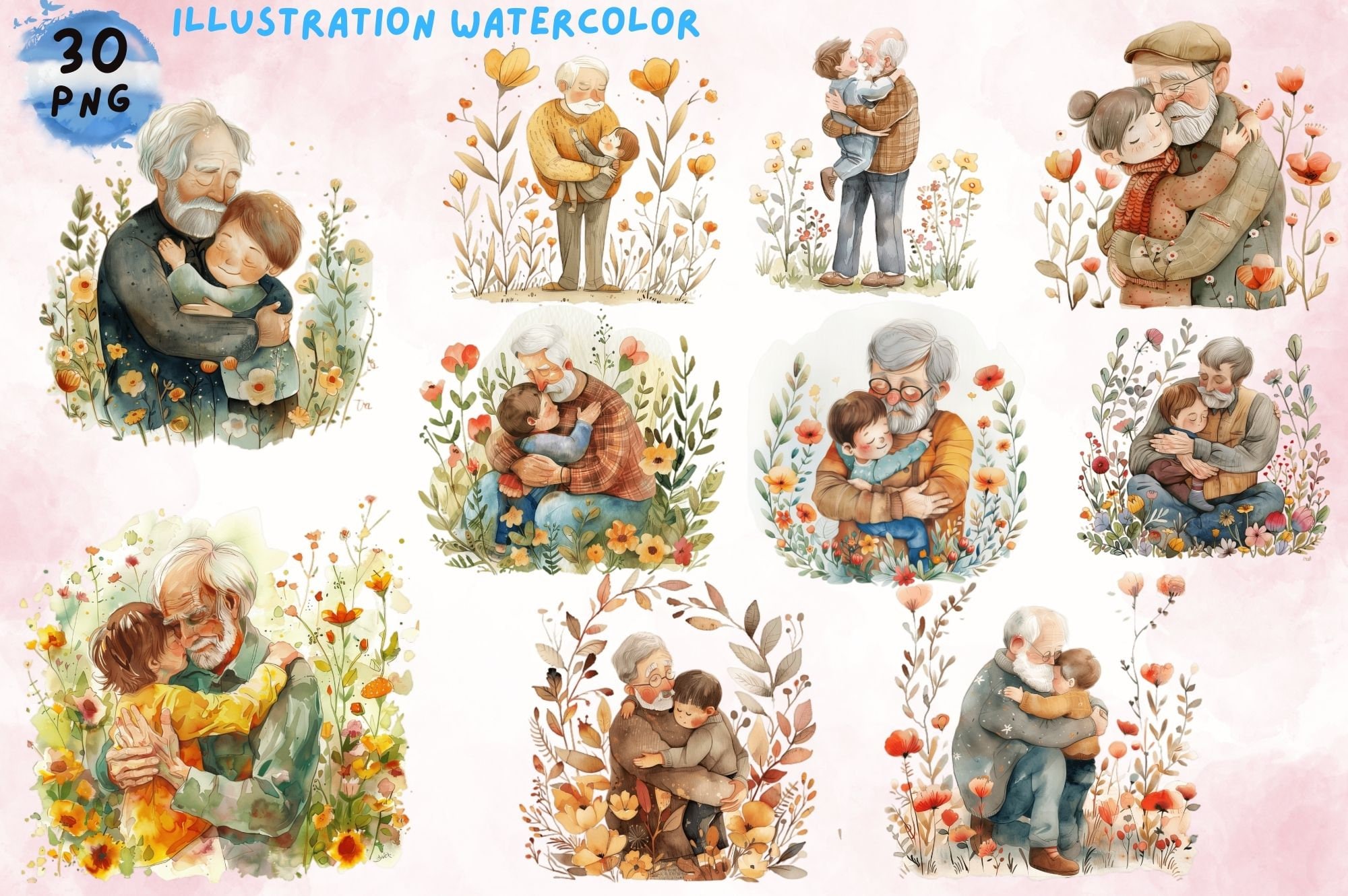 Grandpa Watercolor Clipart Bundle, Grandfather and Grandchild Free ...