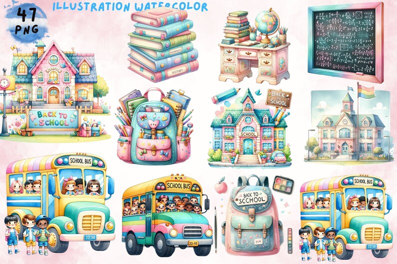 Clipart de regreso a clases en acuarela: Maestro y aula PNG - Etsy México