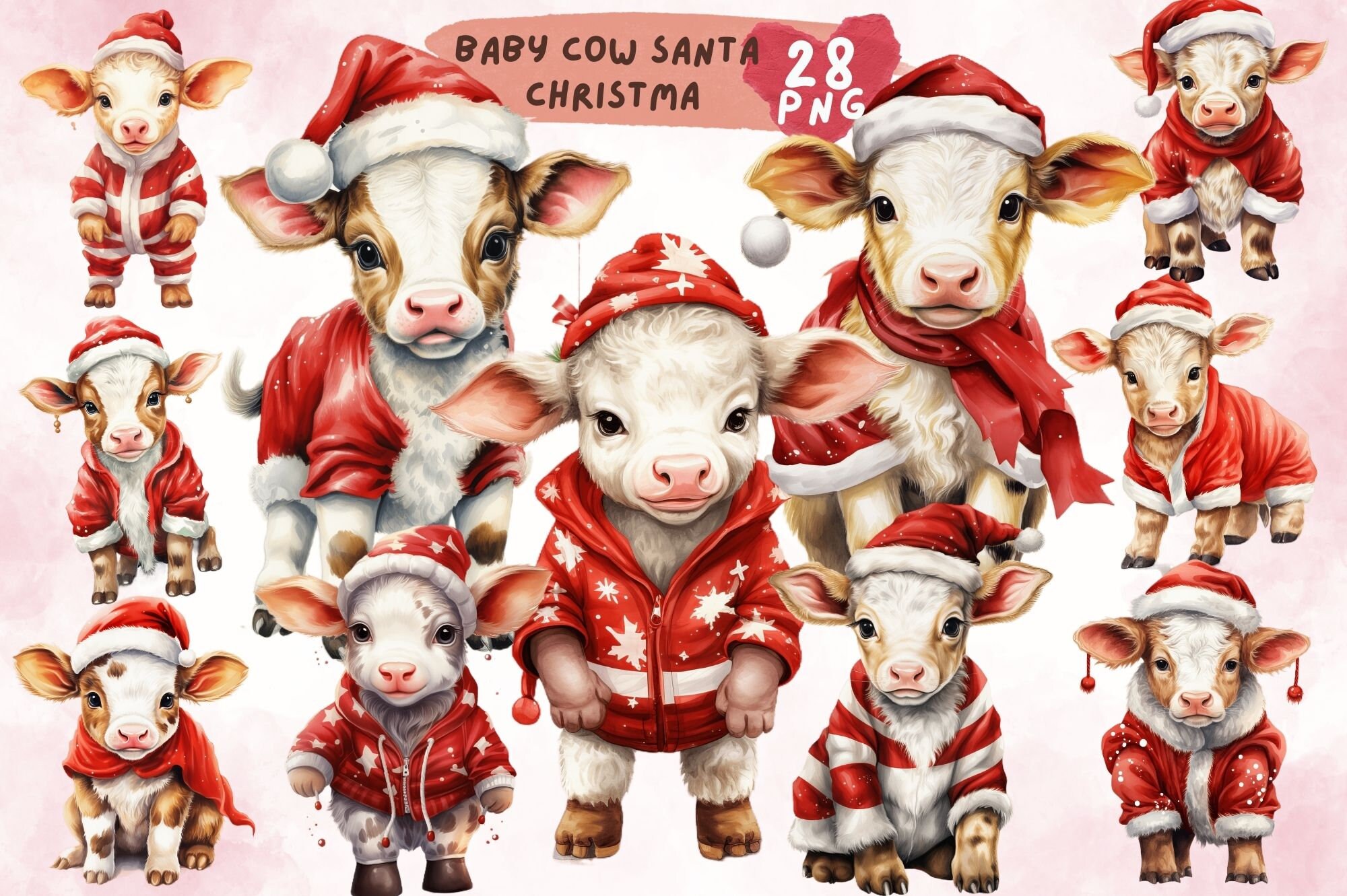 Christmas Cows Watercolor Clipart, Holiday Cow Clipart, Christmas Cow ...