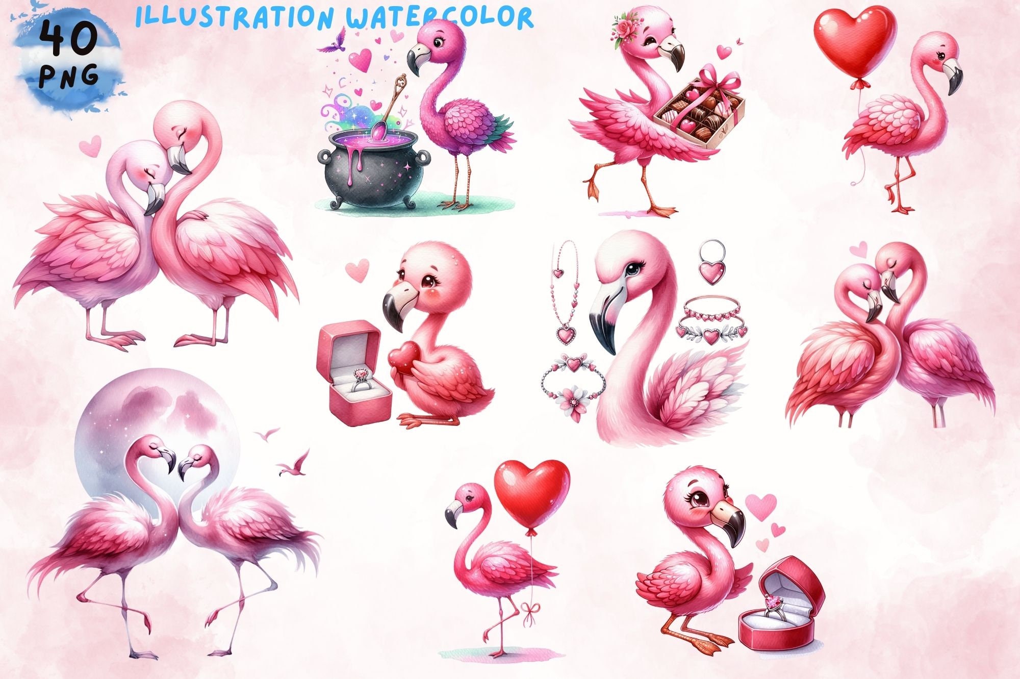 Valentines Flamingos Watercolor Clipart, Cute Valentine Flamingo ...