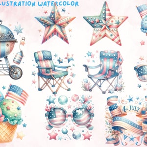 Cute Independence Day Clipart, 4th of July Watercolor Clipart Bundle ...