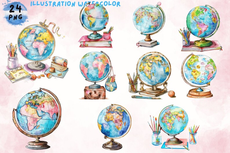 Globe Watercolor Clipart, Map Globe Watercolor Clipart, Cute Globe ...