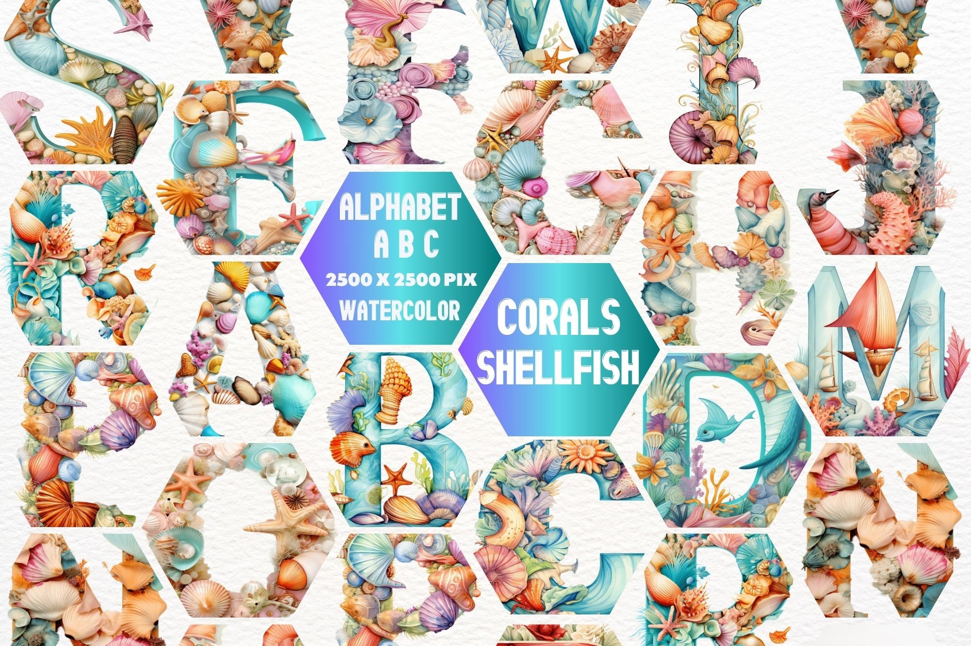 Corals and Shellfish Alphabet Clipart, Coral Reef Letters, Alphabet ...