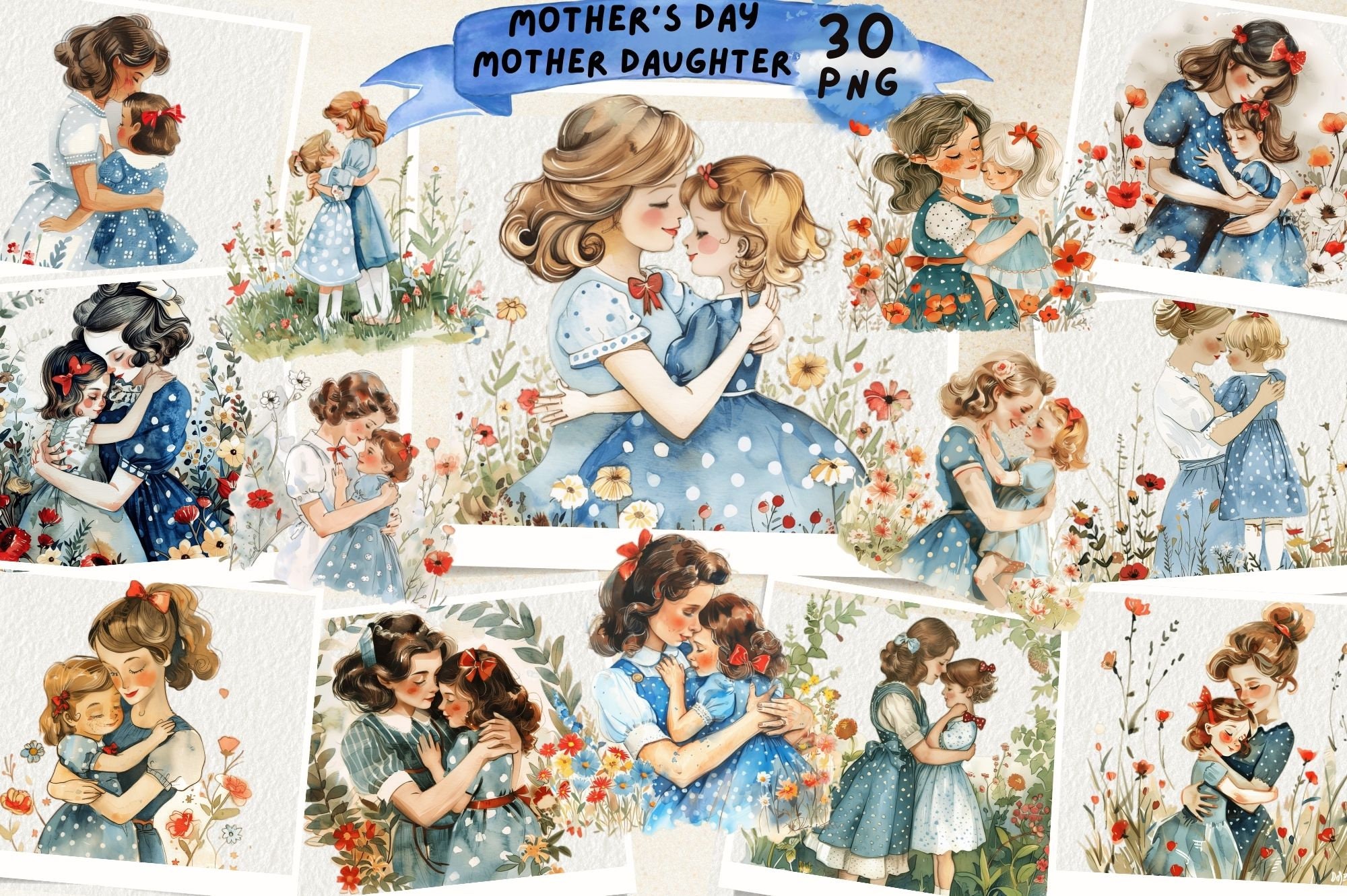 Mother's Day Clipart, Mother and Daughter Print, Printable Watercolor ...
