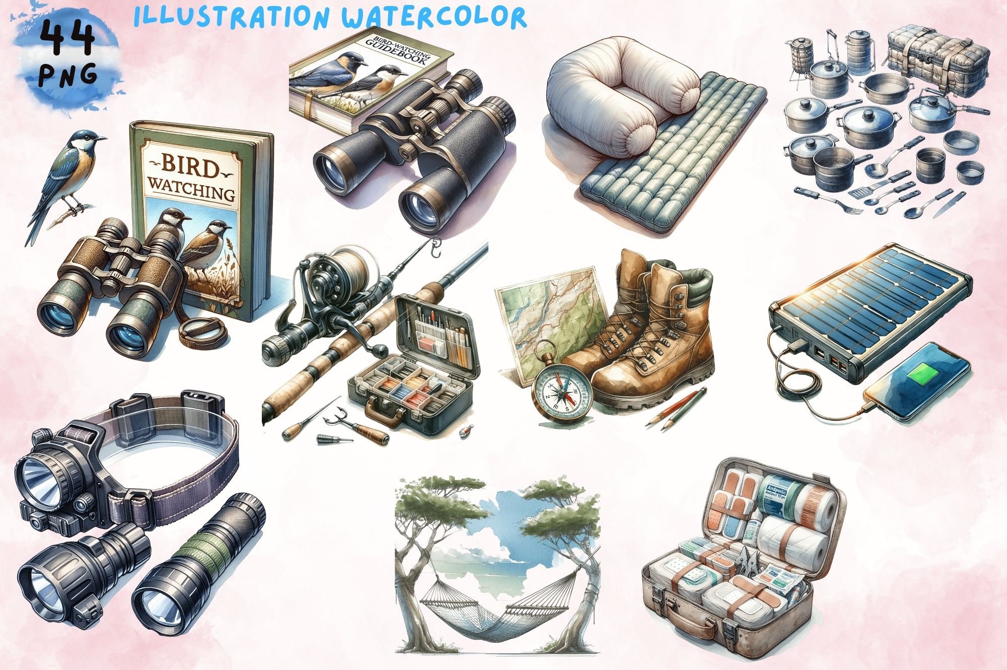 Camping Watercolor Clipart, Outdoor Camp, Bonfire, Backpack, Tent ...