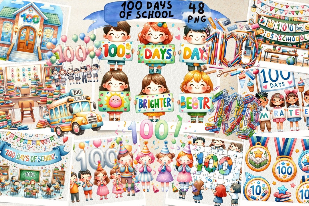 100 Days of School Watercolor Clipart, 100th Day of School, 100 Days ...