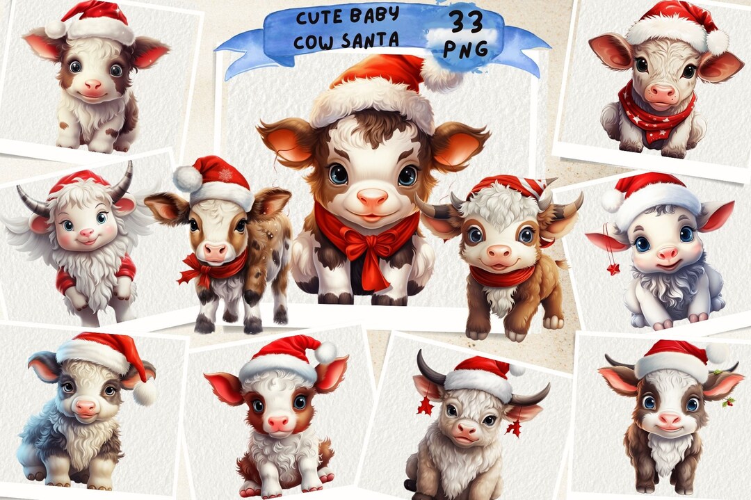 Watercolor Christmas Cows Clipart, Cute Merry Christmas Cow Subimation ...