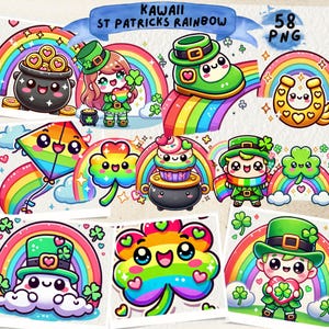 Kawaii St Patricks Day Clipart: Rainbow, Shamrock, Leprechaun (PNG ...