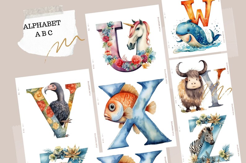 Cute Animal Alphabet Digital Watercolor Clipart Cute ABC - Etsy