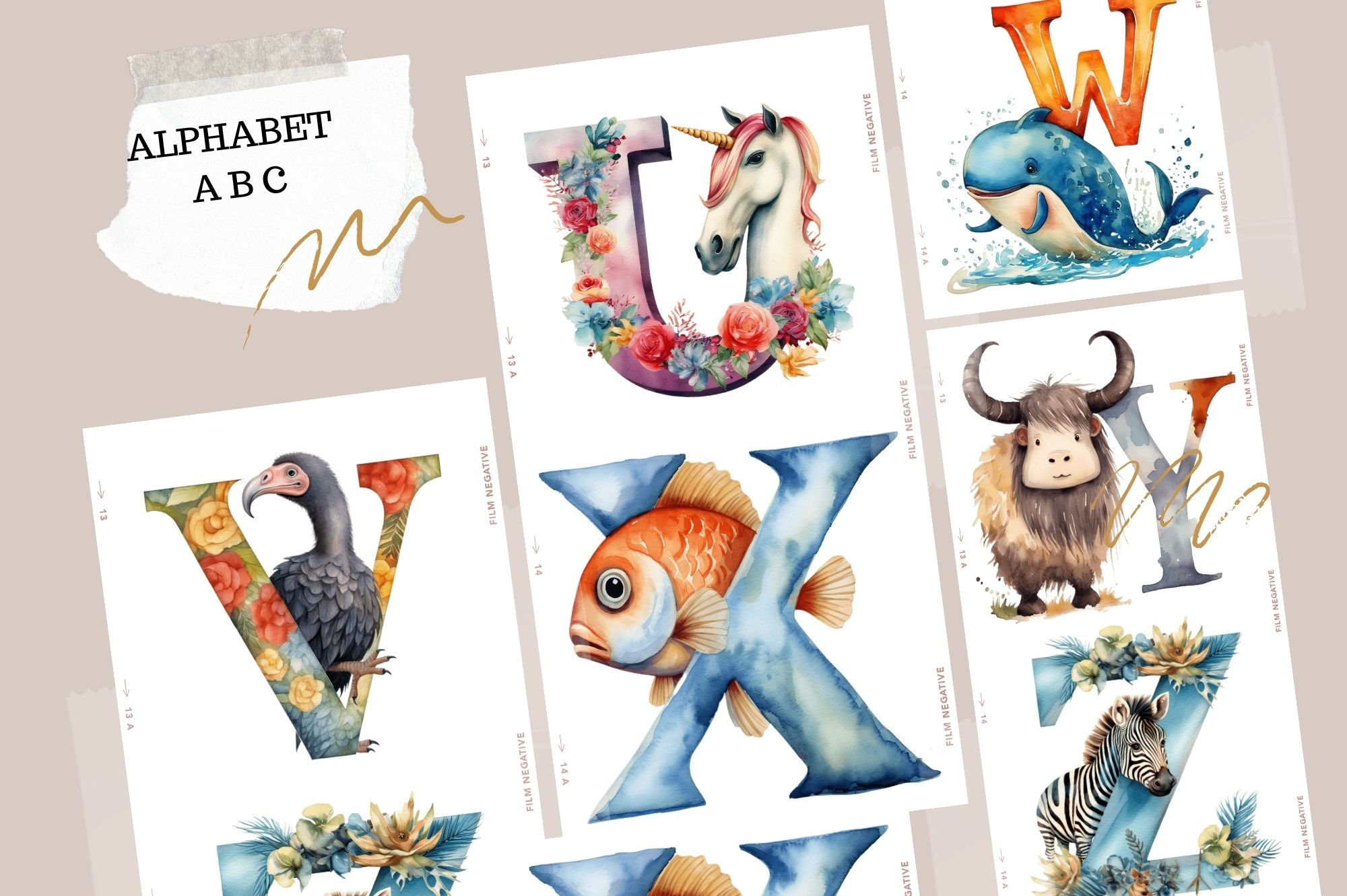 Cute Animal Alphabet Digital Watercolor Clipart Cute ABC - Etsy