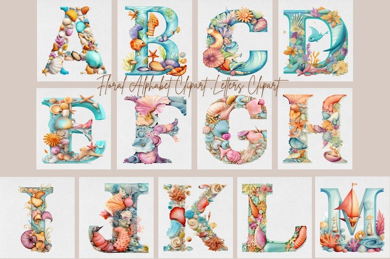 Corals and Shellfish Alphabet Clipart, Coral Reef Letters, Alphabet ...