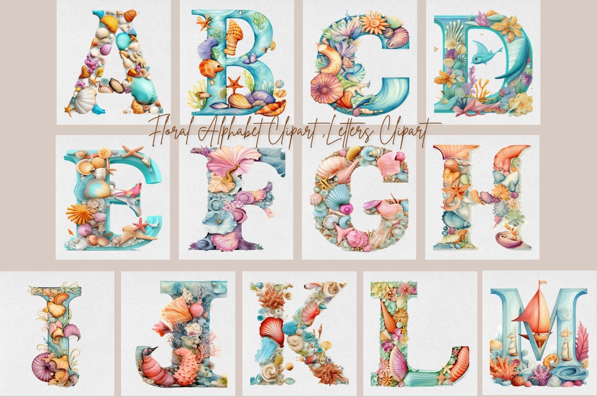 Corals and Shellfish Alphabet Clipart, Coral Reef Letters, Alphabet ...