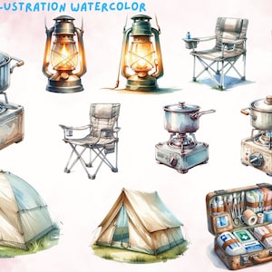 Camping Watercolor Clipart, Outdoor Camp, Bonfire, Backpack, Tent ...