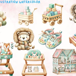 Baby Toys Watercolor Clipart, Boho Nursery Wall Art, Baby Shower Decor ...