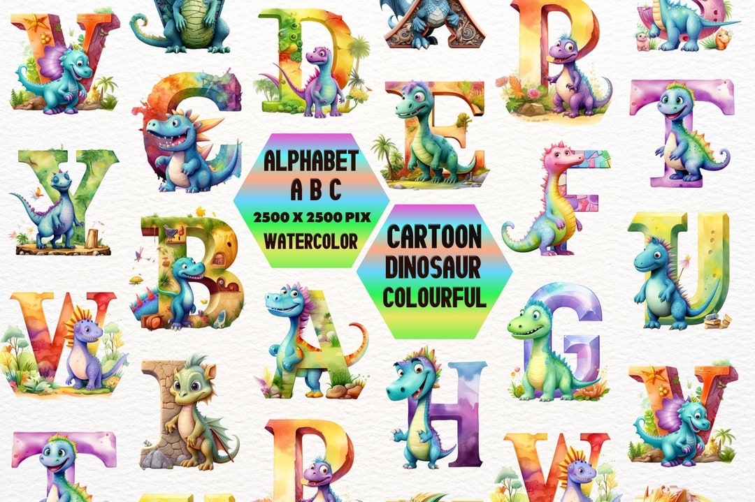 Cartoon Dinosaur Alphabet Clipart: Watercolor Letters (PNG) - Etsy