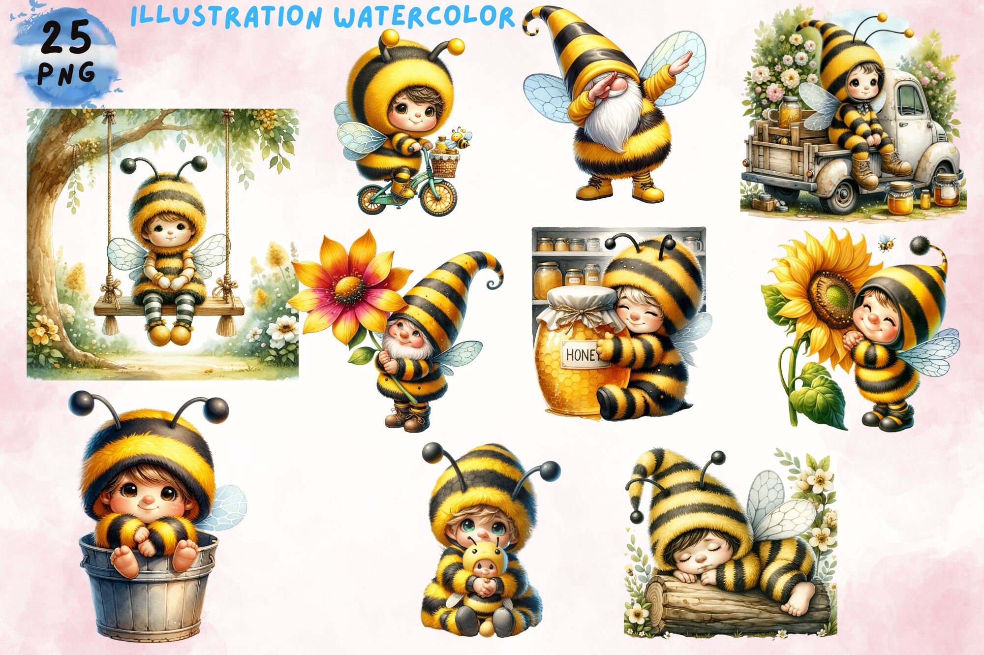 Bumble Bee Gnomes Clipart, Honey Bee Gnomes, Watercolor Gnomes Clipart ...