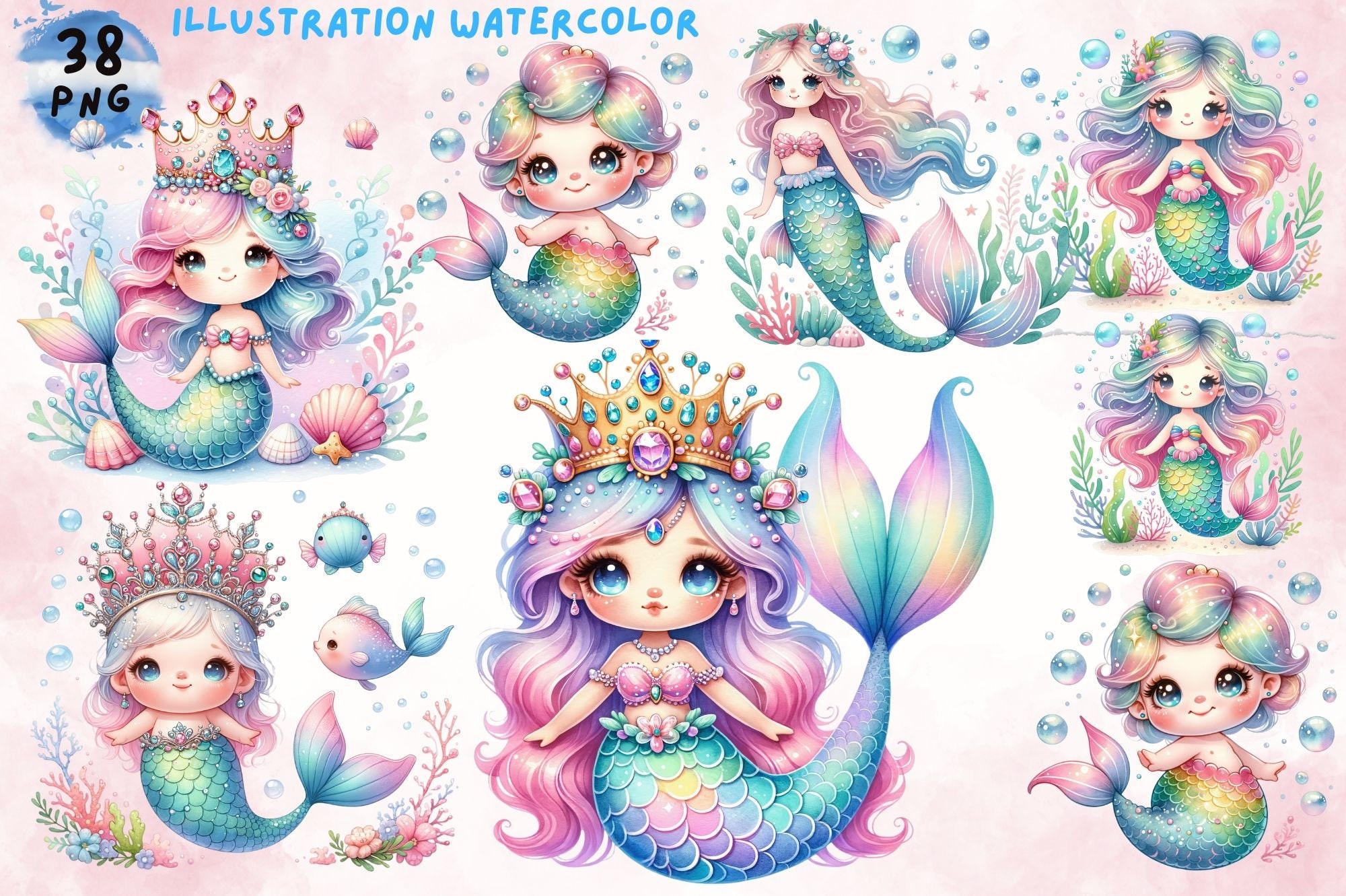 Cute Mermaid Watercolor Clipart, Digital Crafts Designs Transparent ...