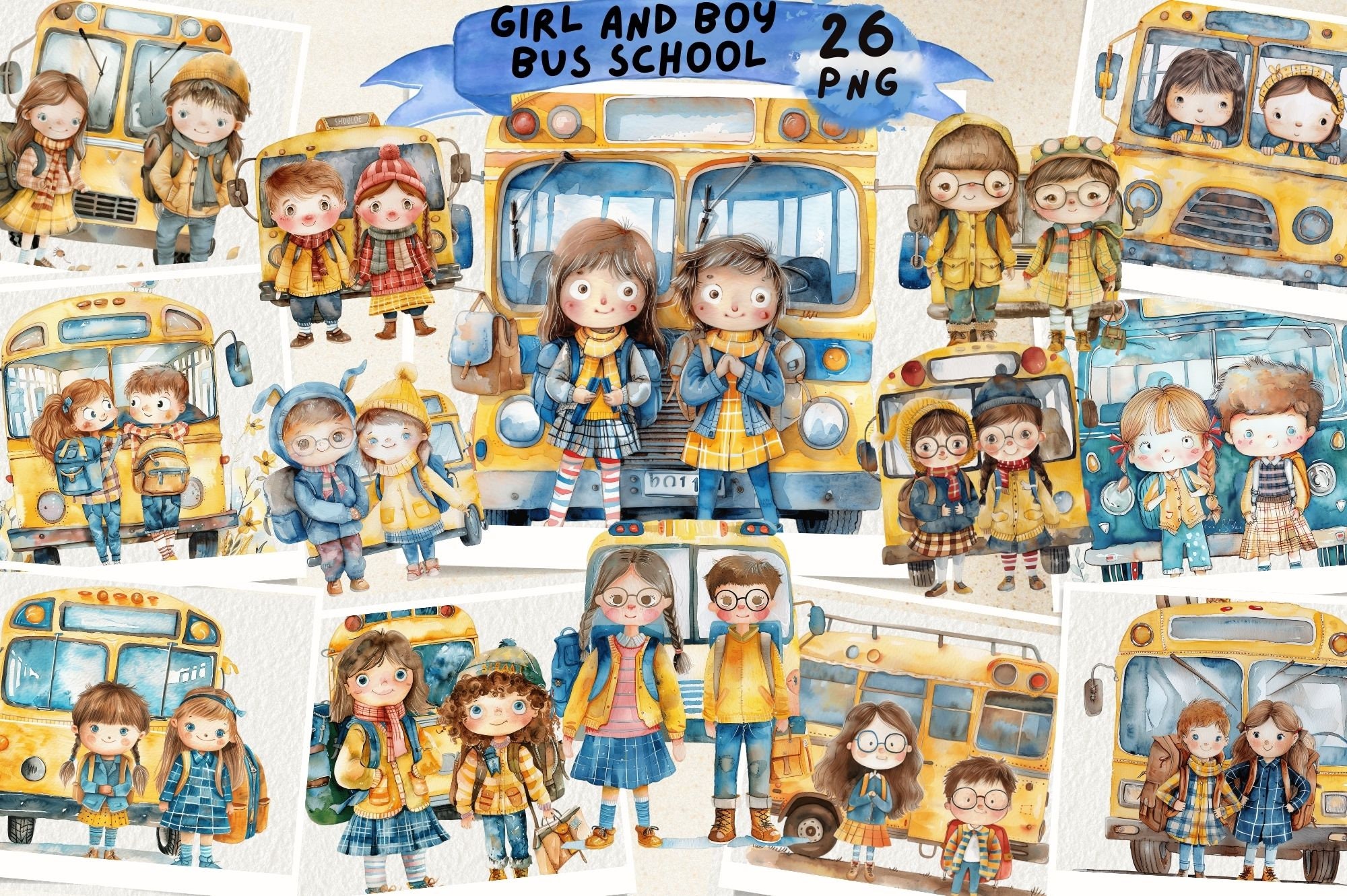Girl and Boy Bus School Clipart, Back to School, School Bus, Study Girl ...