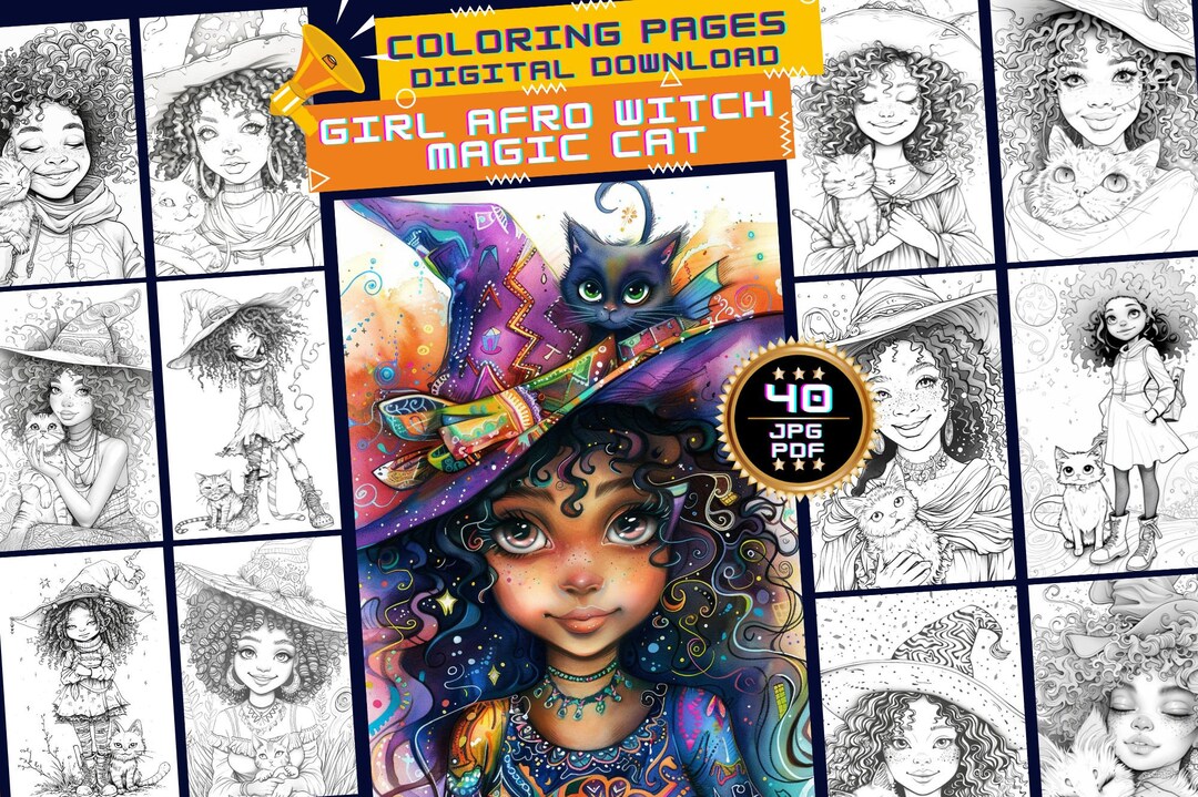 Girl Afro Witch Magic Cat Coloring Pages, Cute Witches, Grayscale ...