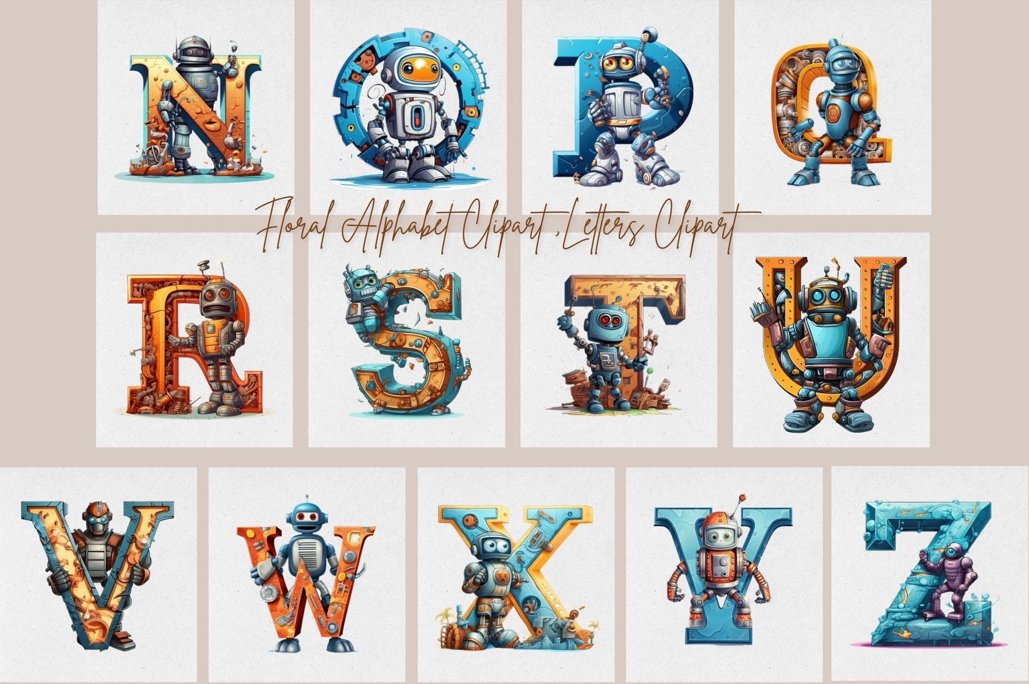 Robot Alphabet Clipart, Robot Cut Files for Cricut, Robot Kids Alphabet ...