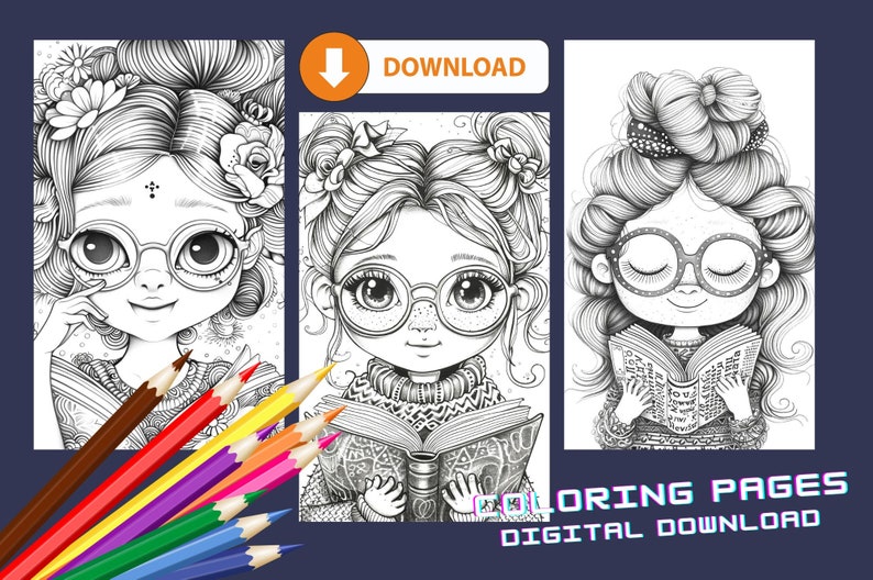 Cute Girl in Reading Book Coloring Pages, Little Reading Girl Coloring ...