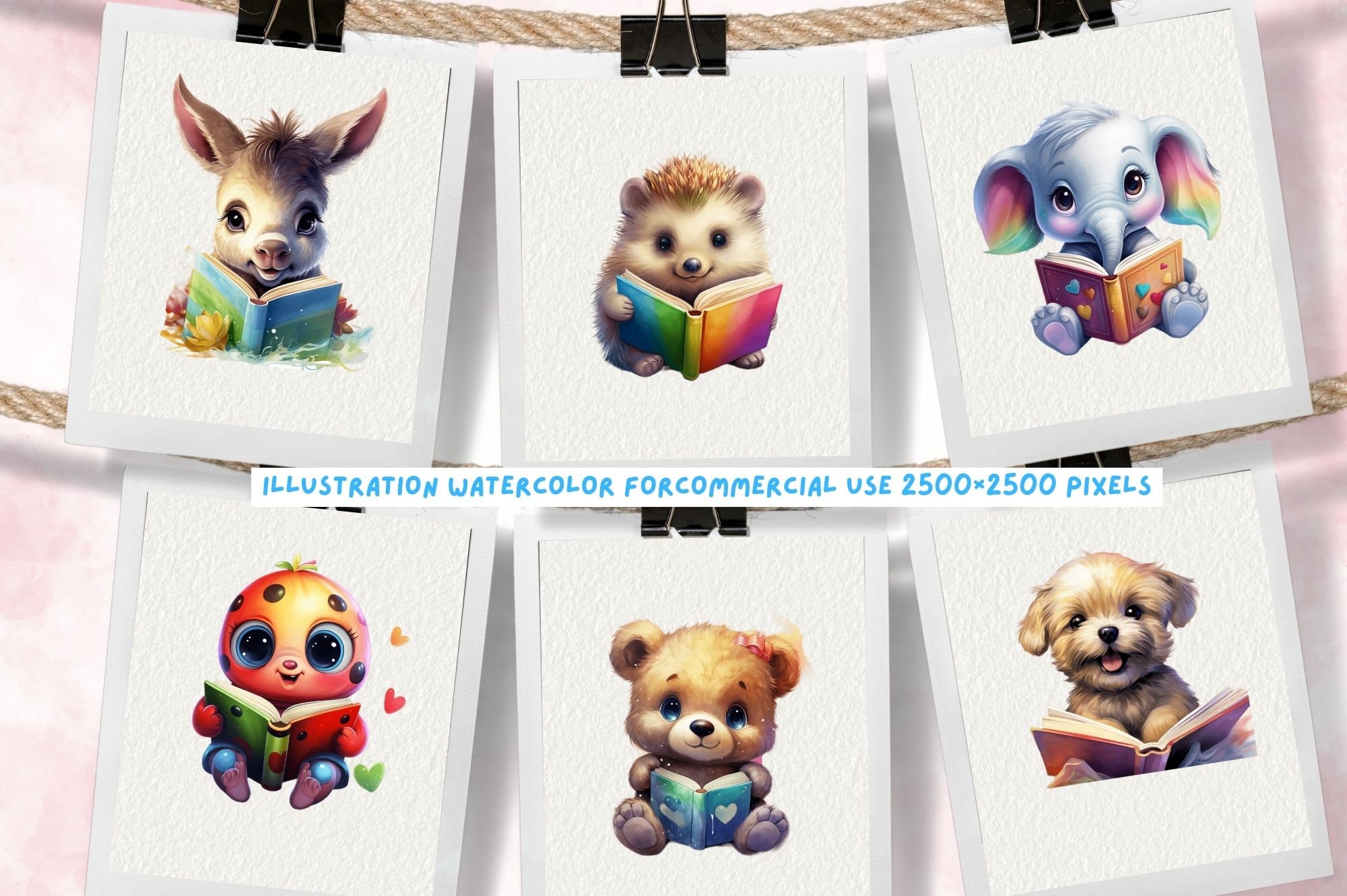 Cute Animals Reading Book Watercolor Clipart, Booklover Animals, Card ...