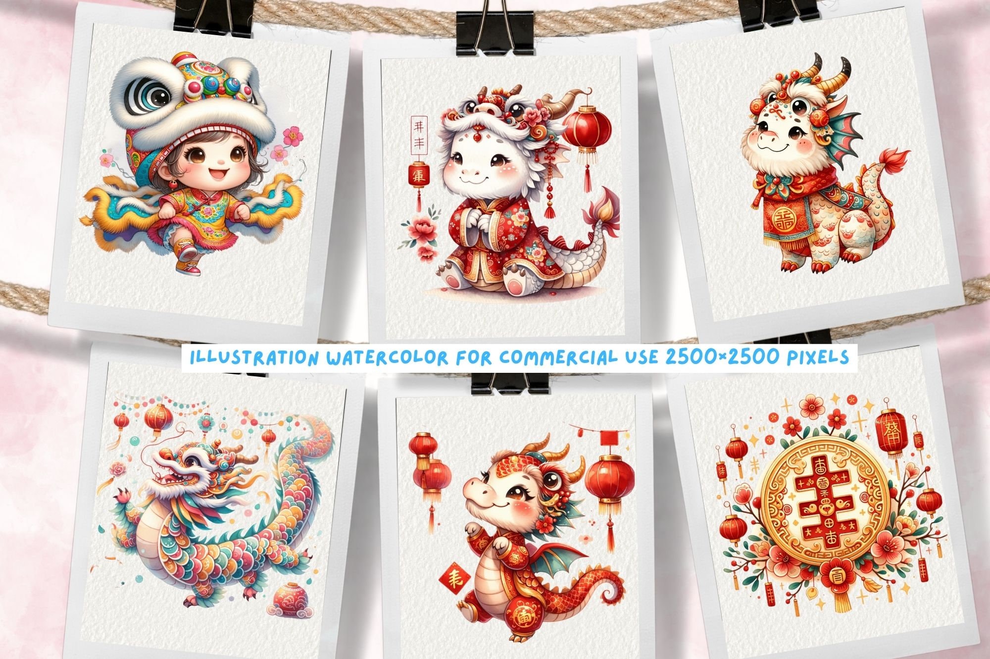 Cute Dragon Watercolor Clipart, Chinese New Year Clipart, Lion Dance ...