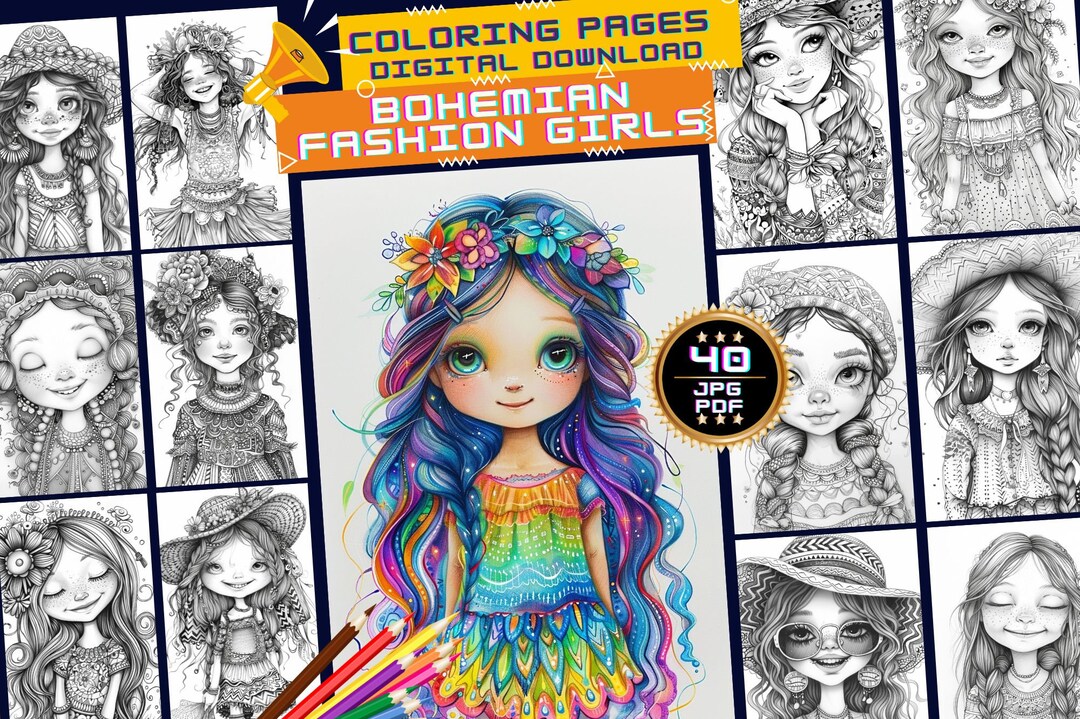 Bohemian Style Girls Coloring Pages, Printable PDF, Boho Rustic Fashion ...
