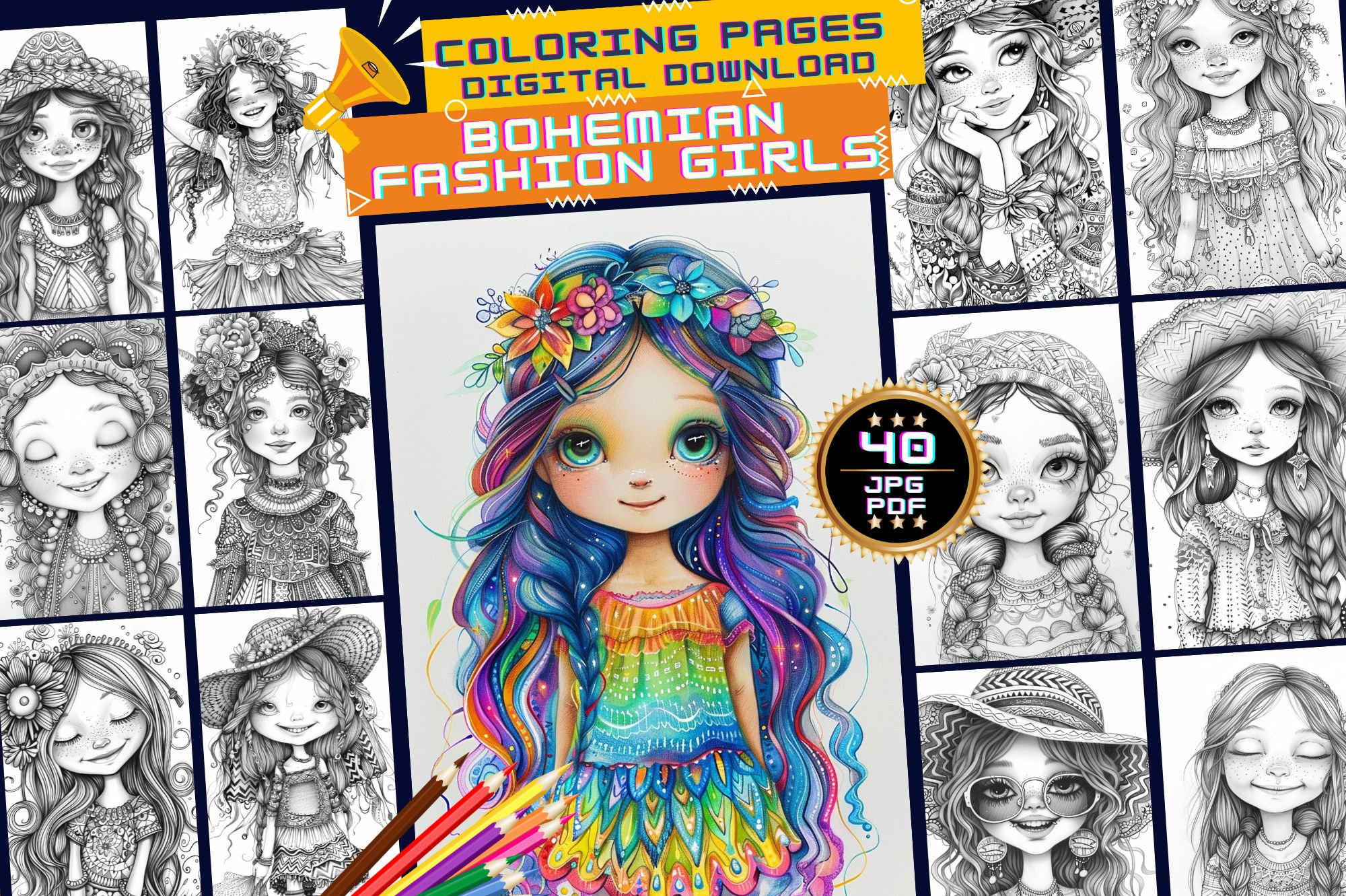 Bohemian Style Girls Coloring Pages, Printable PDF, Boho Rustic Fashion ...