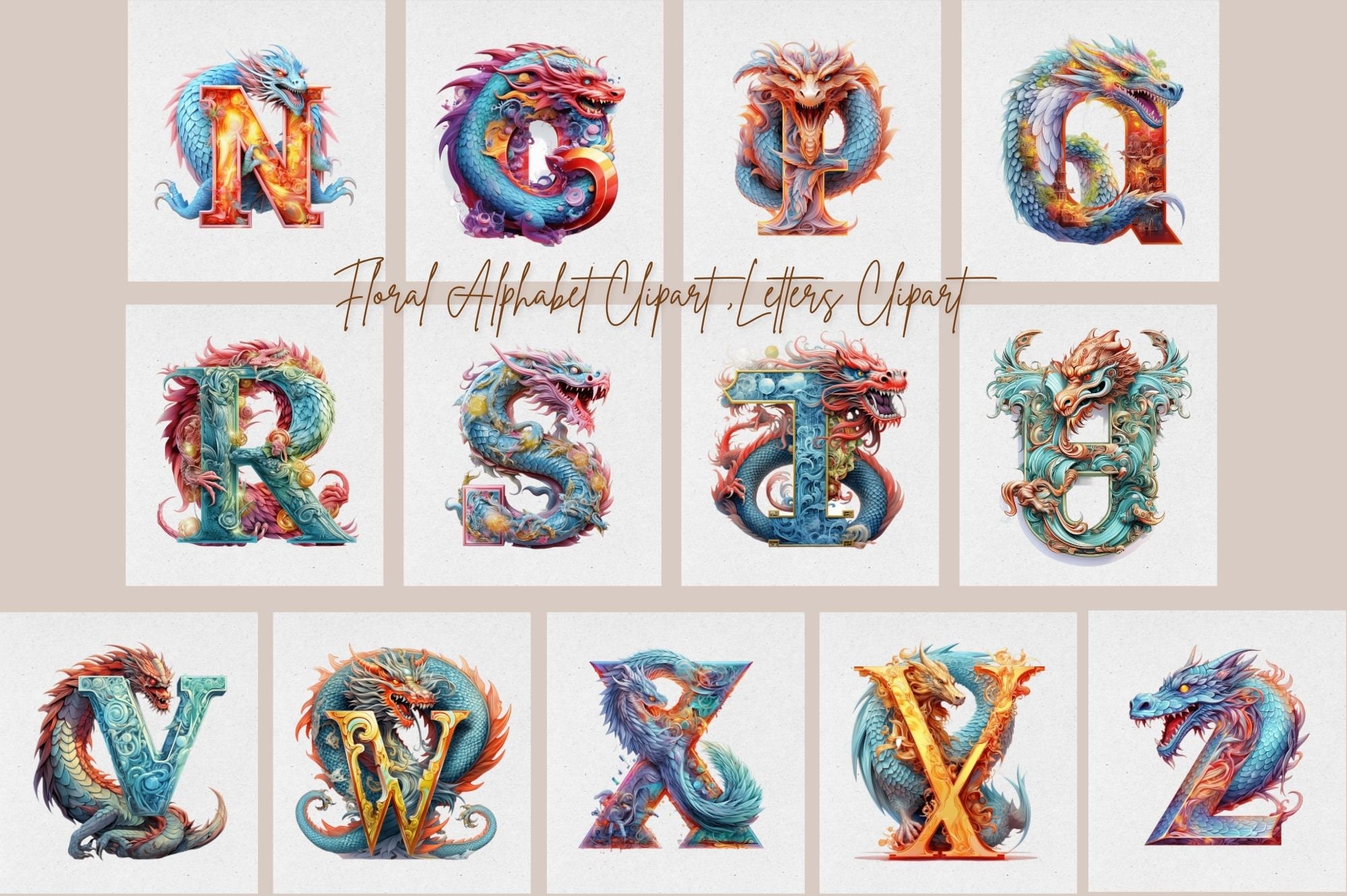 Chinese Dragons Letters Clipart Illuminated Fantasy Dragon - Etsy