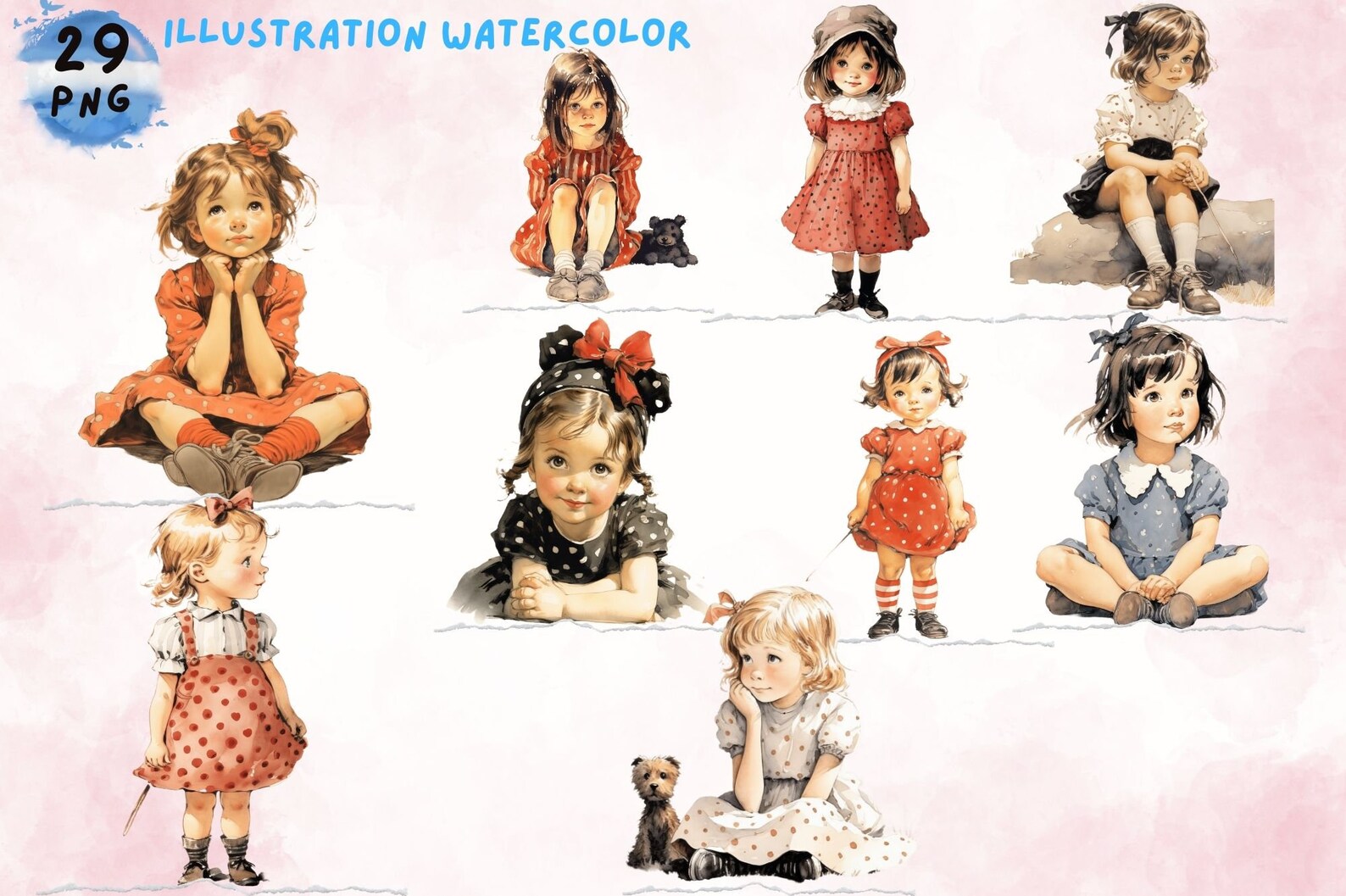 Watercolor Polka Dot Girls Clipart, Baby Girls Clipart, Commercial Use ...