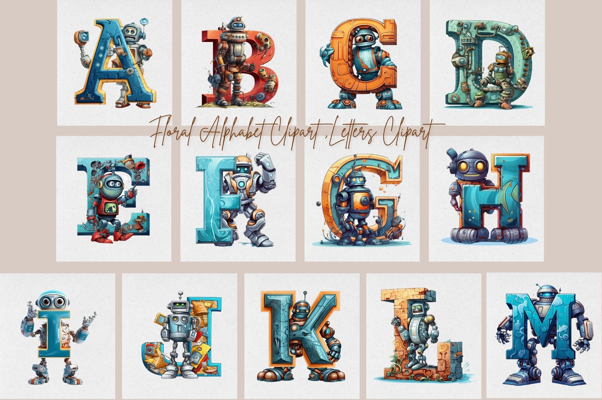 Robot Alphabet Clipart, Robot Cut Files for Cricut, Robot Kids Alphabet ...