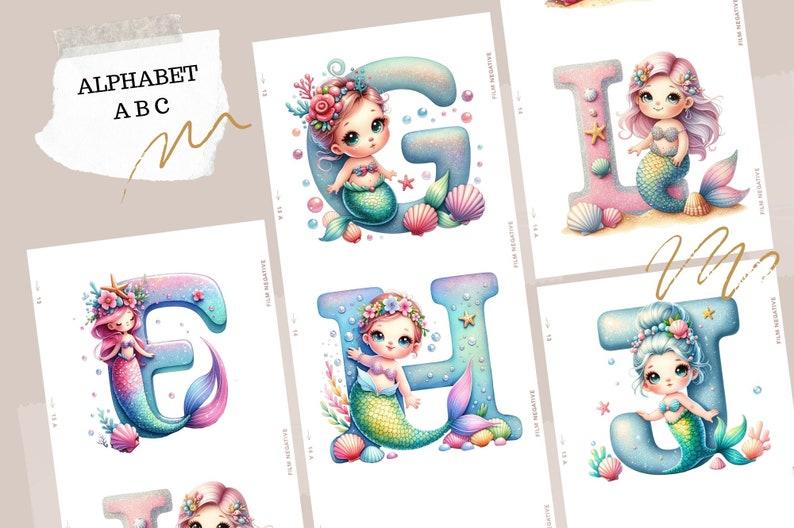 Mermaid Alphabet Clipart: Doodle Watercolor Letters (PNG) - Etsy