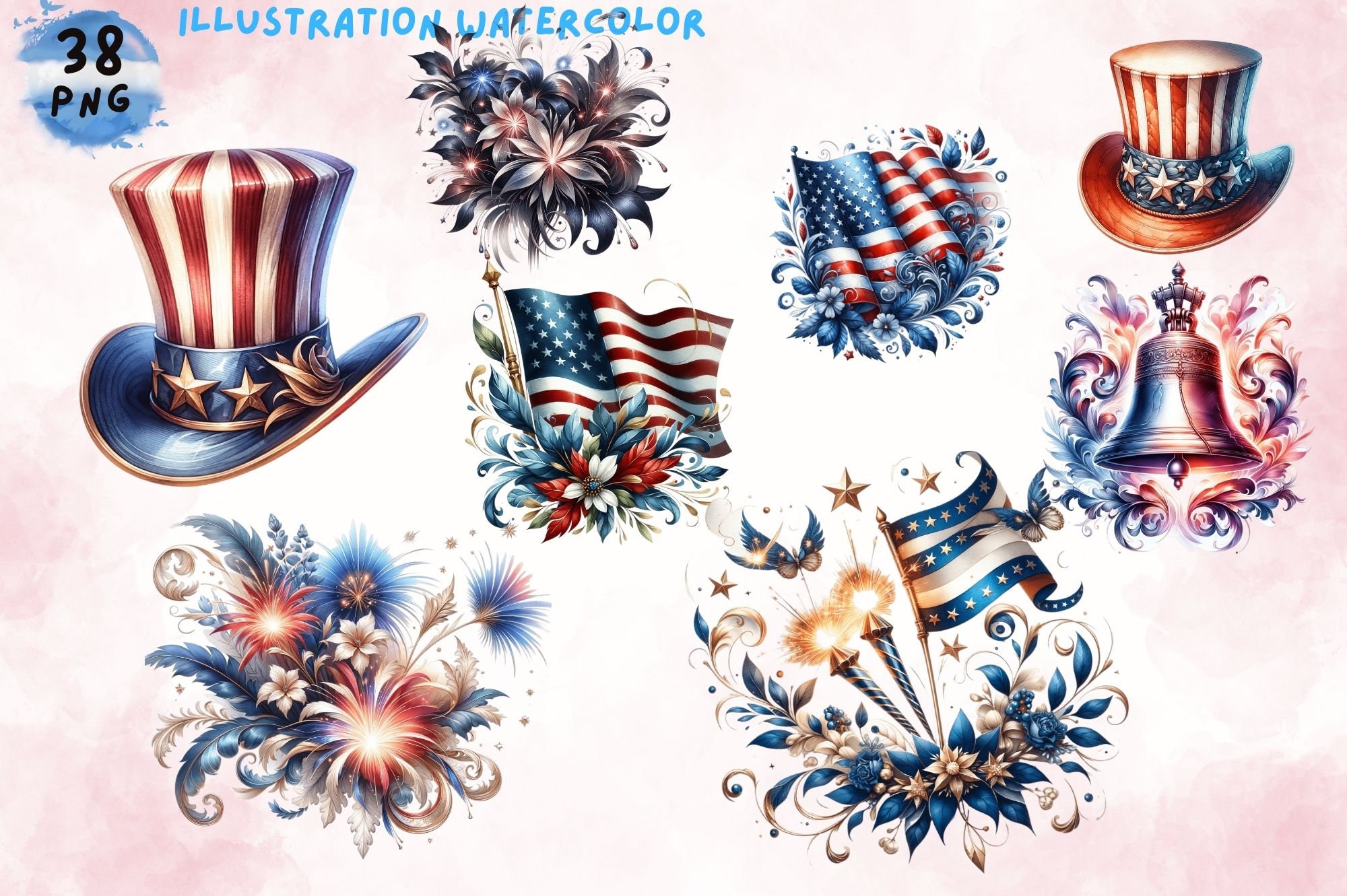 Patriotic Clipart Bundle, Watercolor American Flag, 4th of July PNG ...