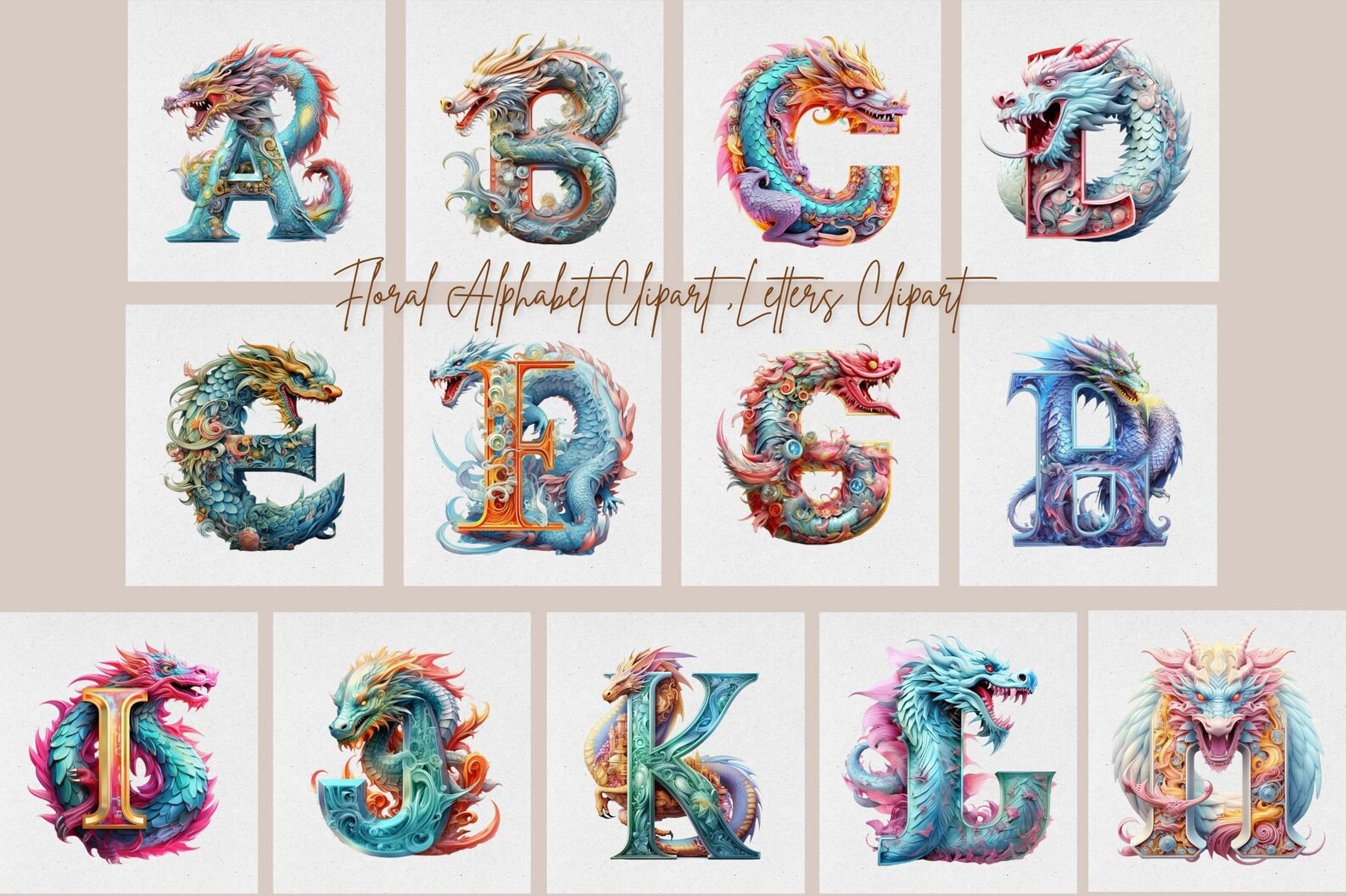 Chinese Dragons Letters Clipart Illuminated, Fantasy Dragon, Alphabet ...