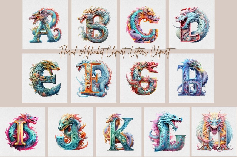 Chinese Dragons Letters Clipart Illuminated, Fantasy Dragon, Alphabet ...
